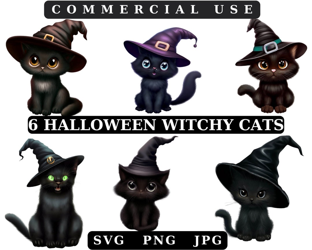 Witchy Cat Clip Art, Black Cat Clipart Bundle, Cute Halloween Cat PNG ...