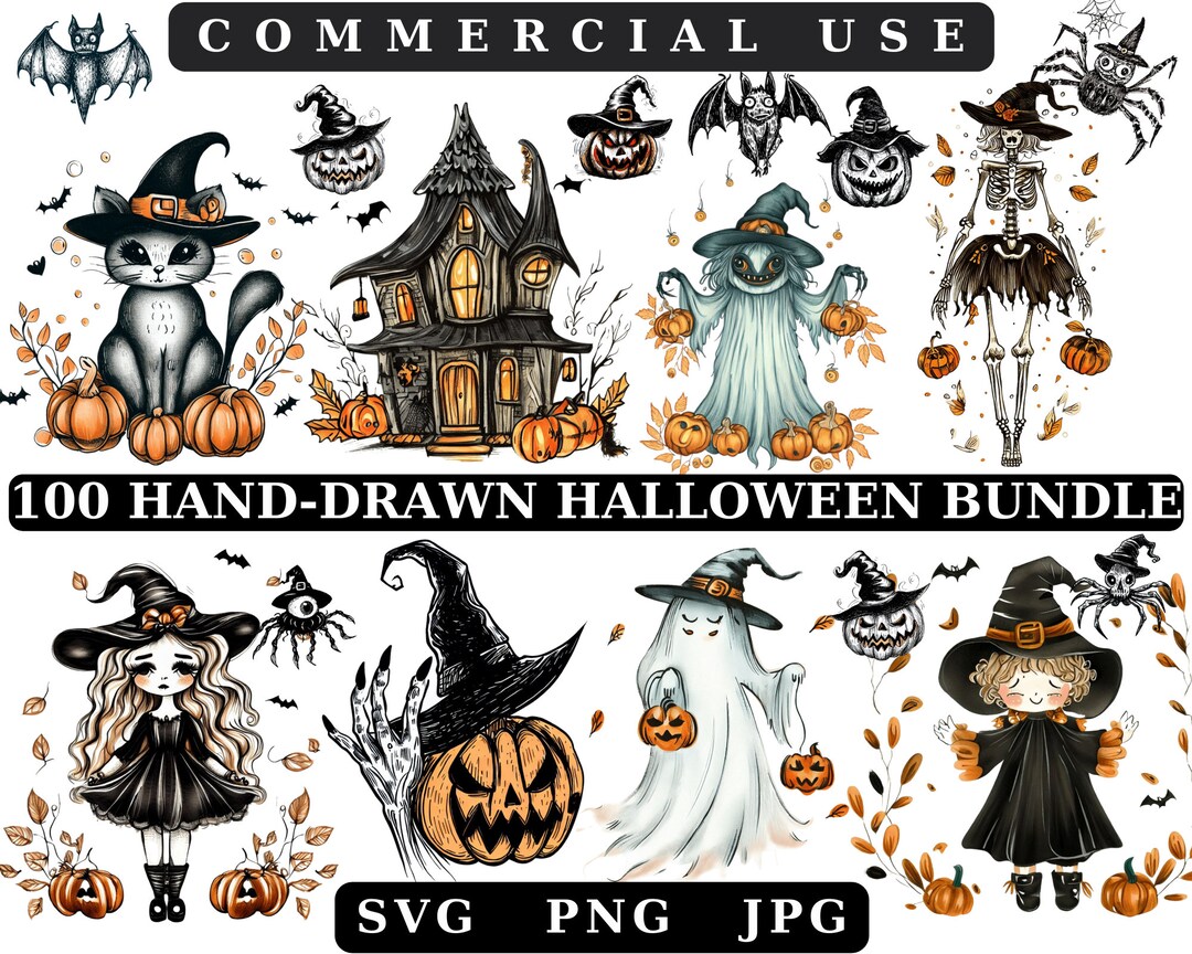 Watercolor Halloween Clipart: Hand-drawn Witch, Ghost, Pumpkin (digital ...
