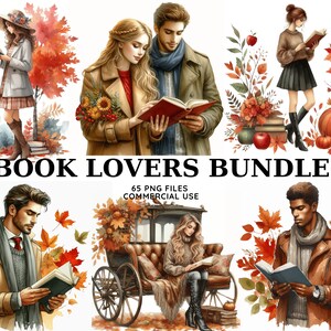 Watercolor Autumn Library Clipart Bundle: Bookworm PNG Images (digital ...