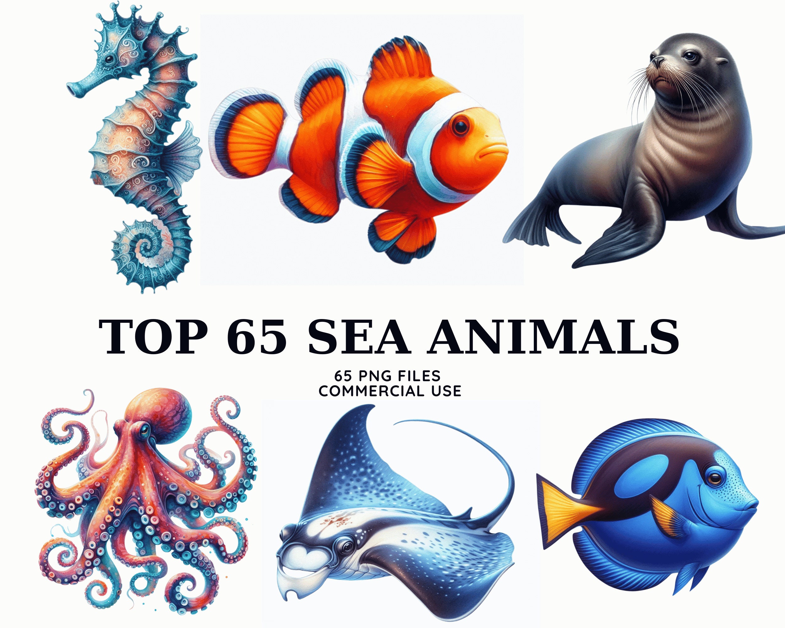 Marine Animals Clip Art Bundle: Underwater Sea PNG Designs (commercial ...
