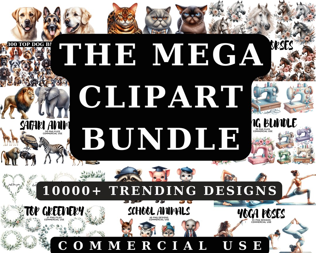 Mega Clipart Bundle: Dog, Cat, Safari Animals, Floral Images (PNG Files ...