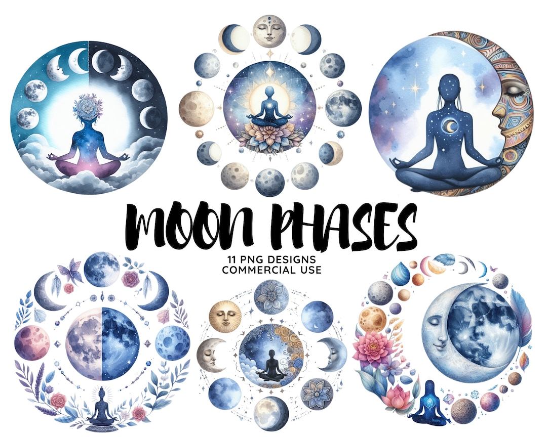 Watercolor Moon Phases Clipart: PNG Graphics, Commercial Use (digital ...