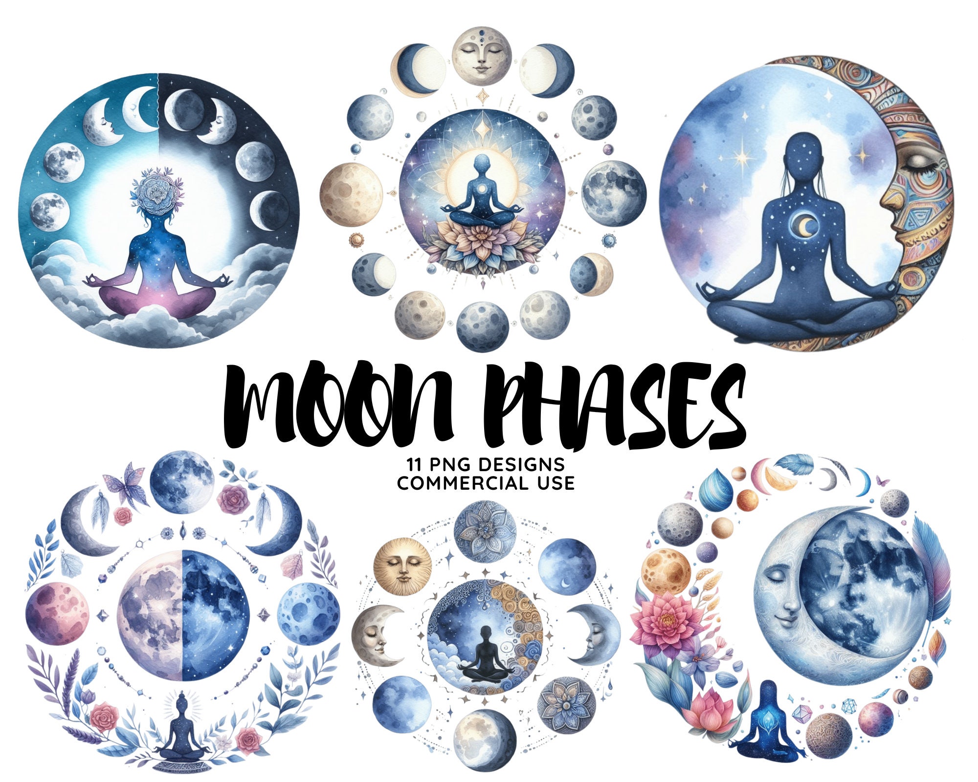 Watercolor Moon Phases Clipart: PNG Graphics, Commercial Use (digital ...