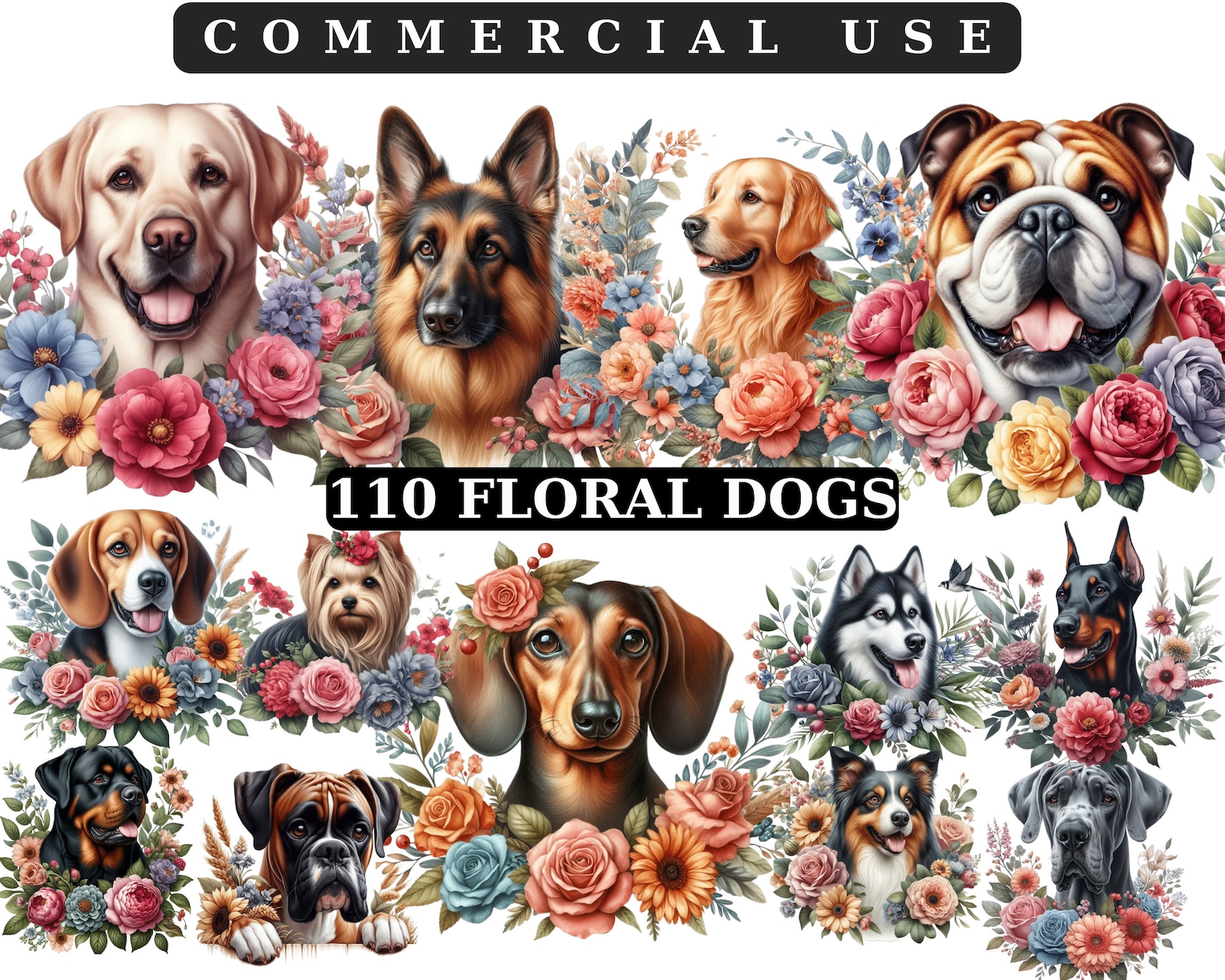 Watercolor Dog Breeds Clipart: Floral Puppy Portraits (PNG) - Etsy