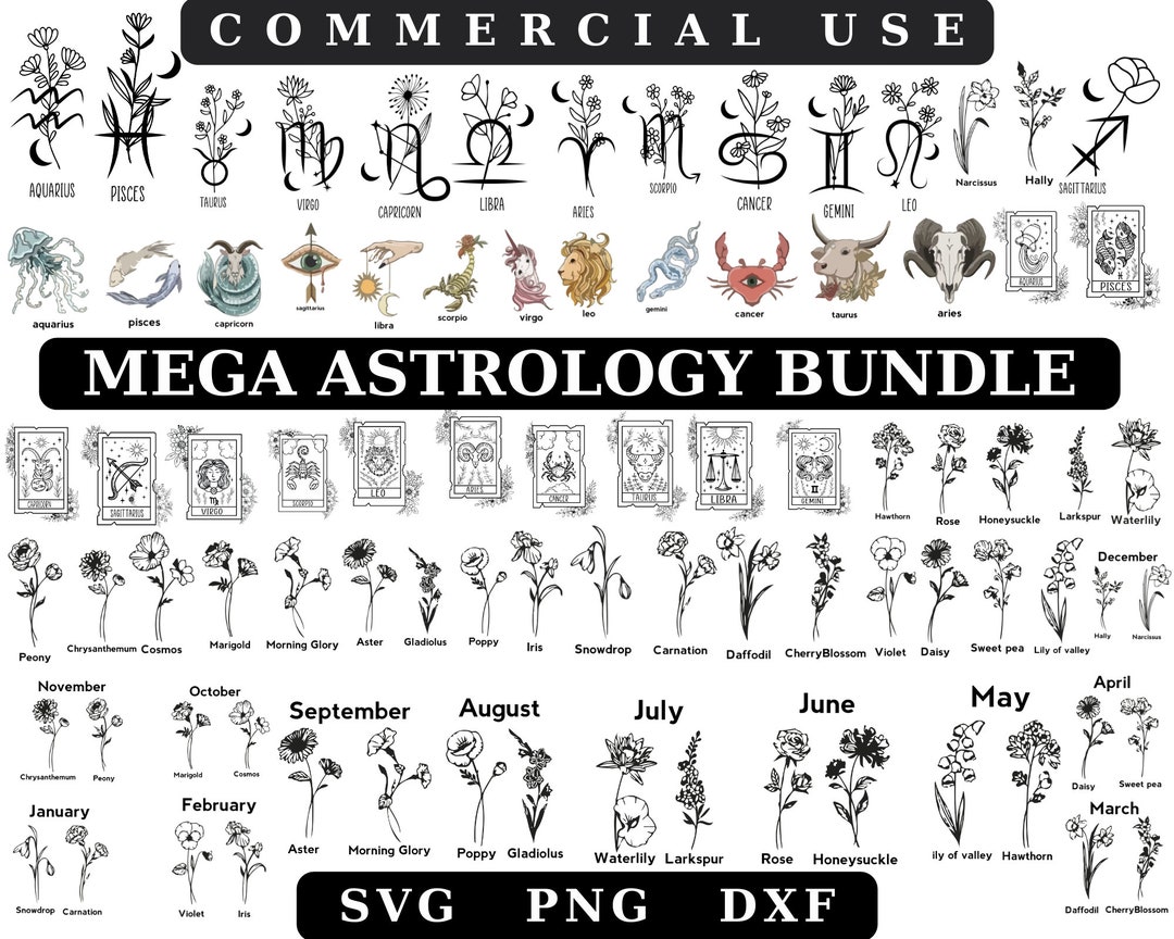 Astrology SVG Bundle: Zodiac Signs, Birth Month Flowers (digital ...