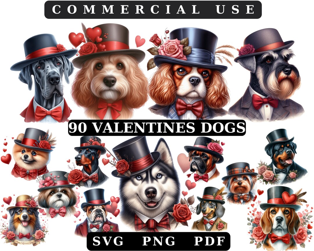 Valentine Dog Clipart: 20 Breeds, Watercolor Portraits (PNG, SVG, JPG ...