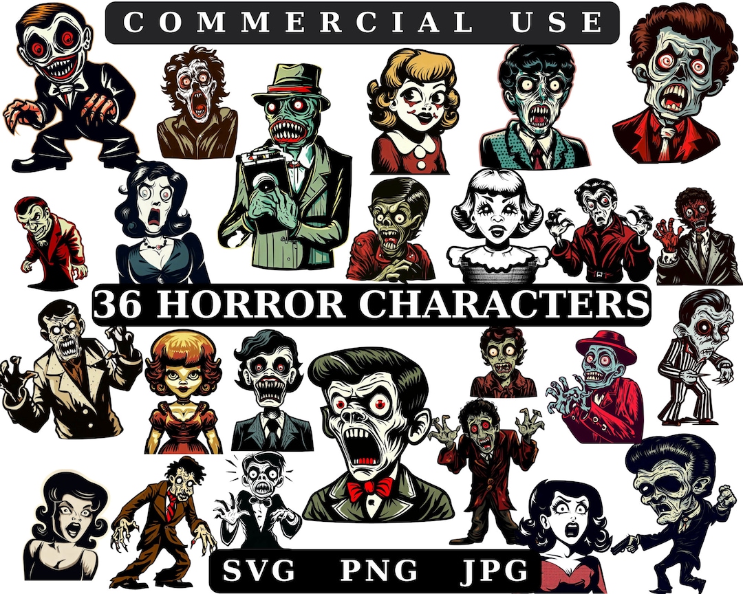 Horror Character Halloween Clipart PNG Bundle for Cricut, Scary Horror ...