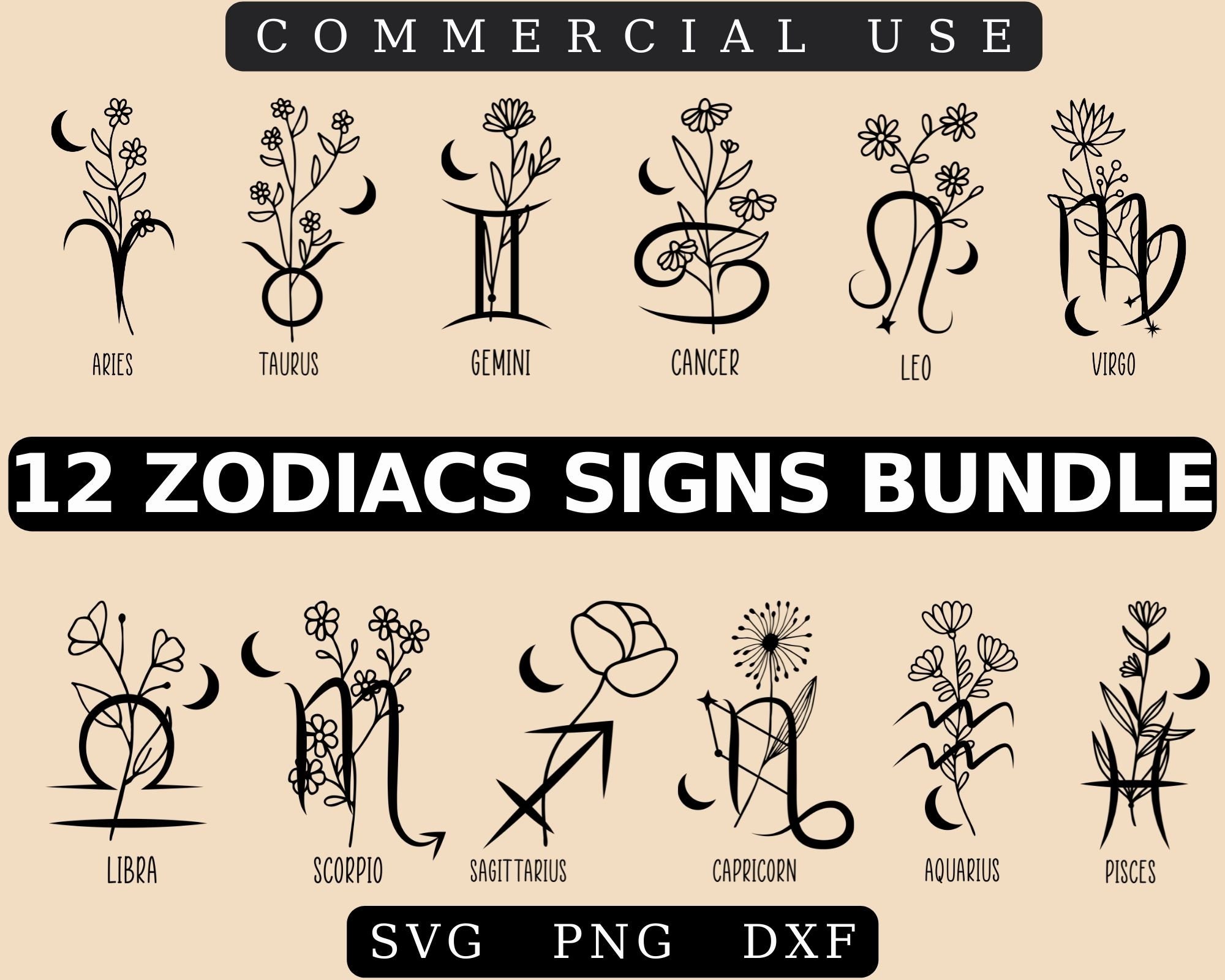 Zodiac Svg Bundle - Zodiac Sign Svg - Astrology Svg - Birth Flower Svg ...