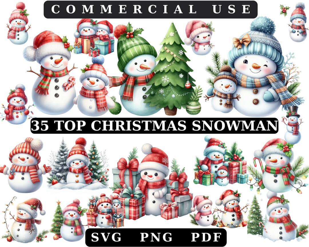 Watercolor Snowman Clipart Collection: Winter Holiday PNG (commercial ...