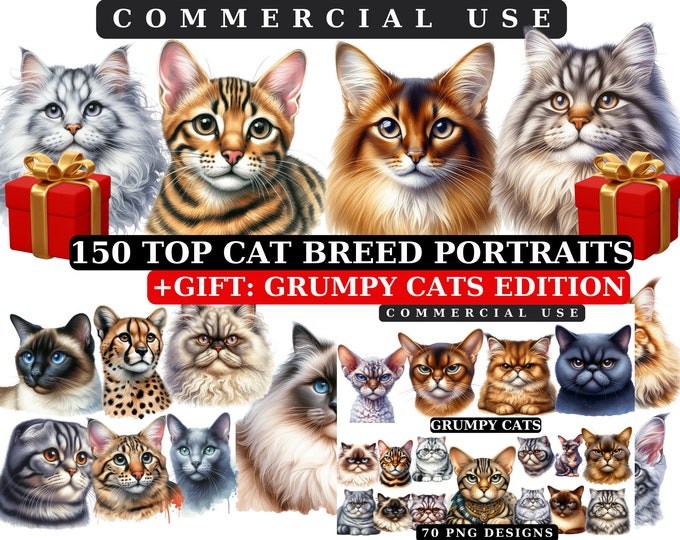 Digital Cats Clipart, Quirky Funny Grumpy Cat Clipart, Printable ...