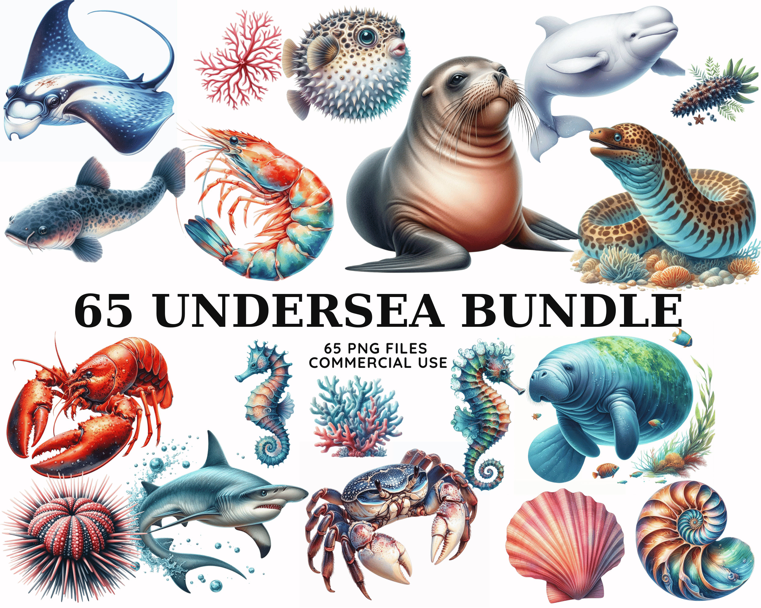 Marine Animals Clip Art Bundle: Underwater Sea PNG Designs (commercial ...