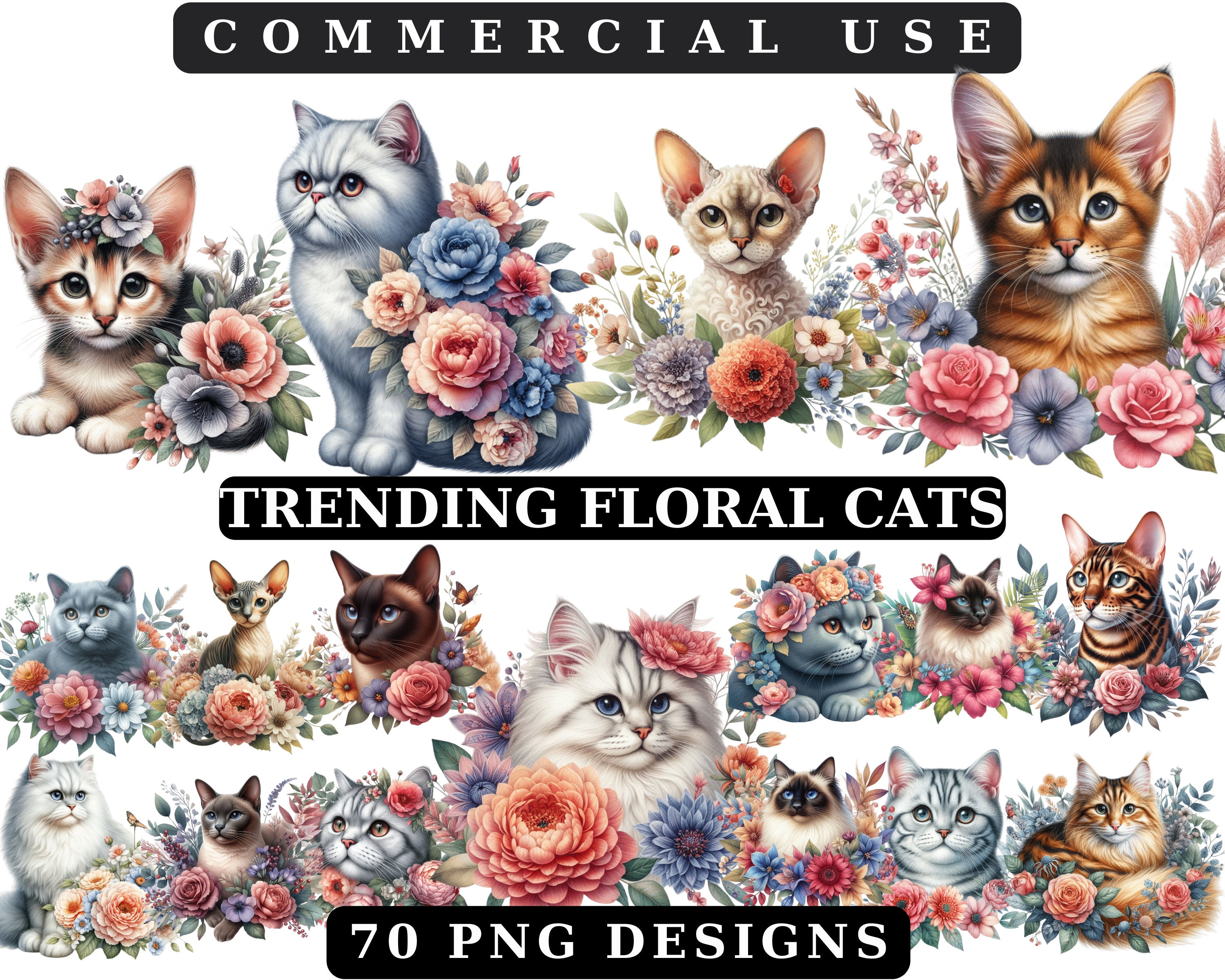 Floral Cat Clipart Bundle: 70 Breeds, Commercial Use (digital Download ...