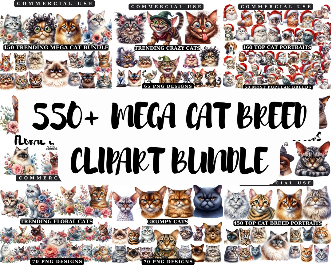 Watercolor Cat Clipart Bundle: 50+ Breeds, DIY Graphics (digital ...