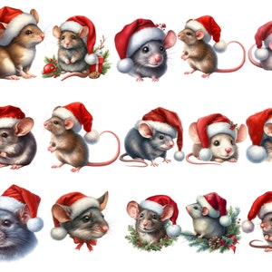 Christmas Mouse Clipart, Cute Mice in Santa Hat, Watercolor Christmas ...