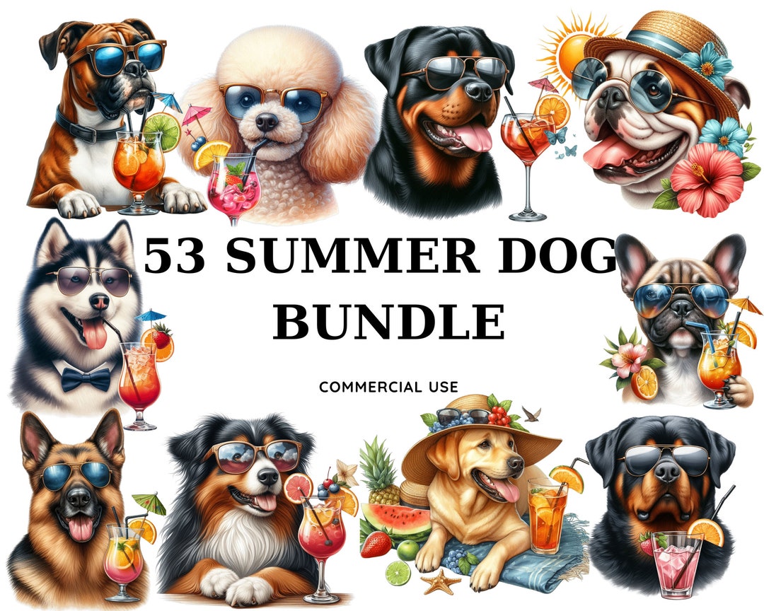 Watercolor Summer Dog Clipart: Tropical Aloha Animal Portraits (PNG ...