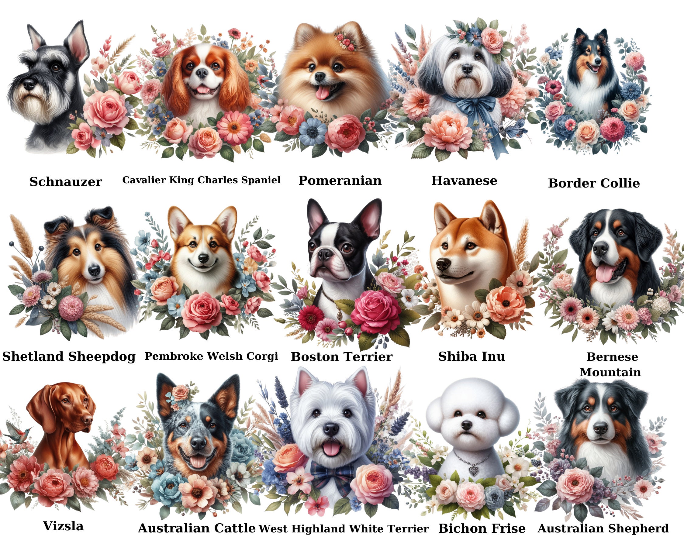 Watercolor Dog Breeds Clipart: Floral Puppy Portraits (PNG) - Etsy
