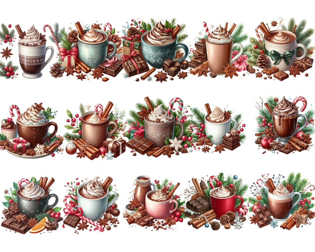 Watercolor Christmas Hot Chocolate Clipart, 20 High Quality PNG Files ...