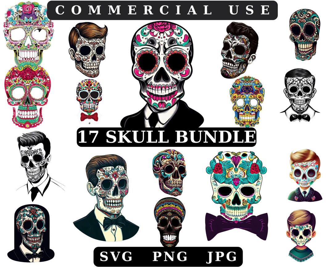 Colorful Sugar Skulls PNG Clipart Bundle: Retro Halloween (digital ...