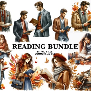 Watercolor Autumn Library Clipart Bundle: Bookworm PNG Images (digital ...