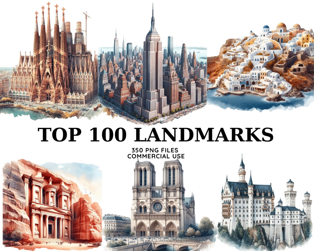 100 Worldwide Famous Landmarks Clipart Watercolor Popular Landmarks ...