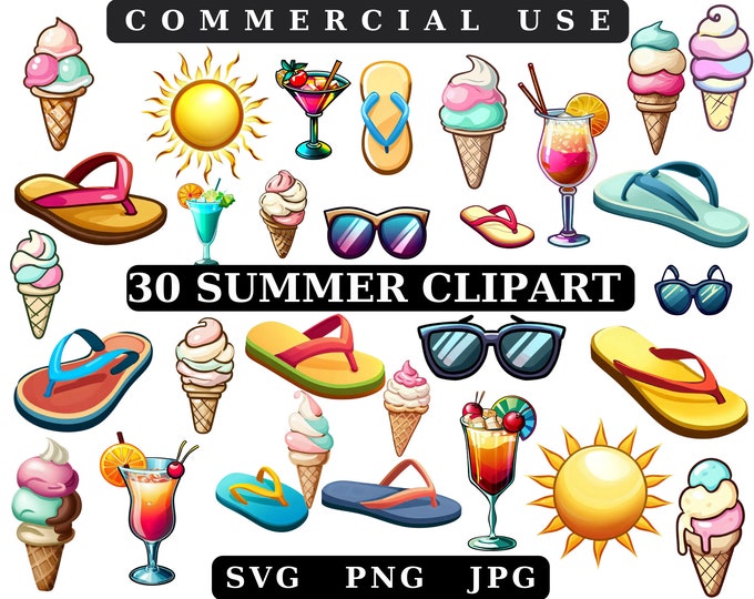 Summer Clipart Set With Cute Kawaii Cartoon Characters. 34 Digital ...