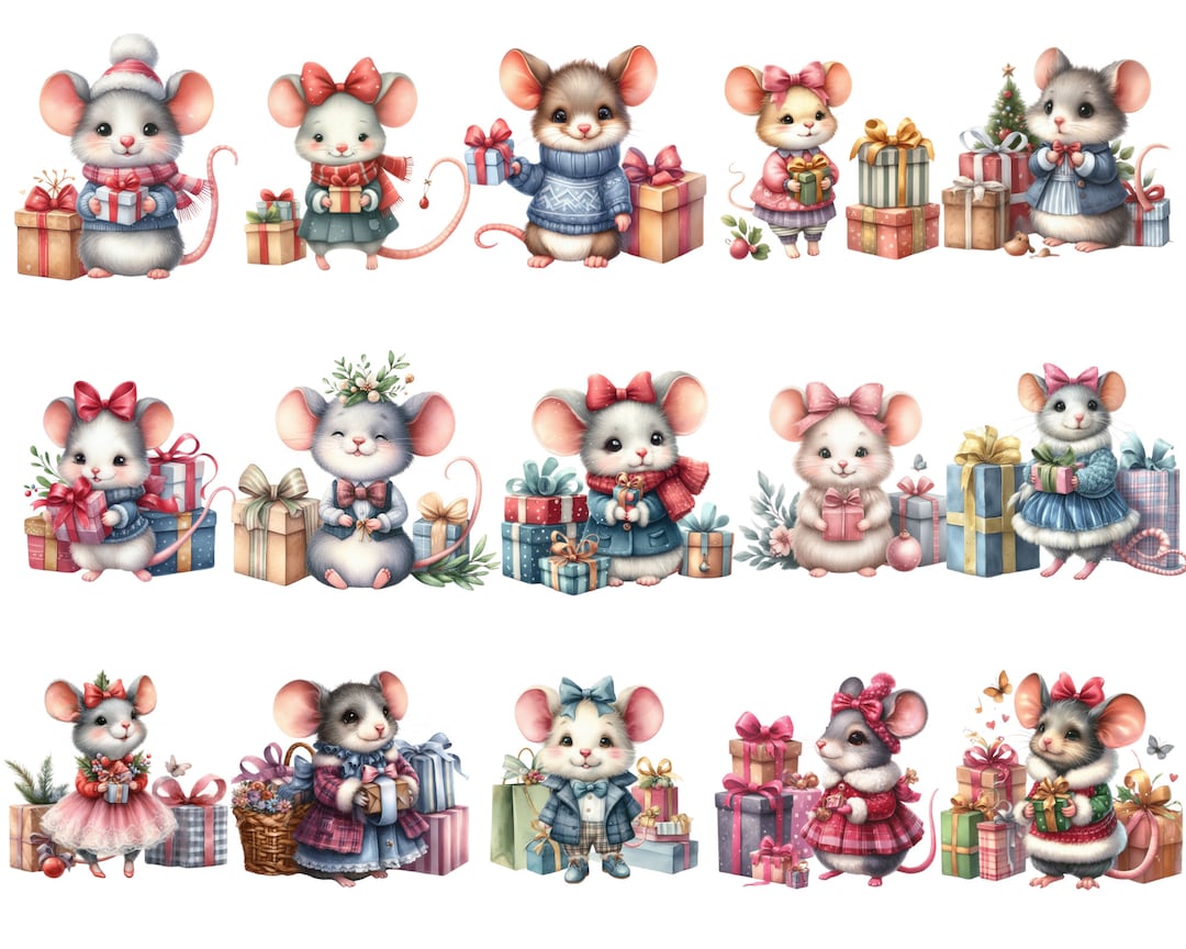 Christmas Mouse Clipart, Cute Mice in Santa Hat, Watercolor Christmas ...