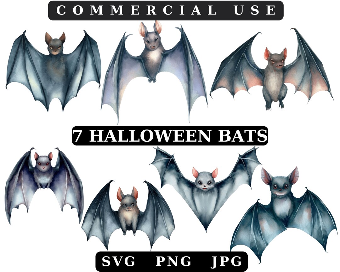 Watercolor Halloween Cute Bat Clip Art, Spooky Kawaii Bats Clipart ...