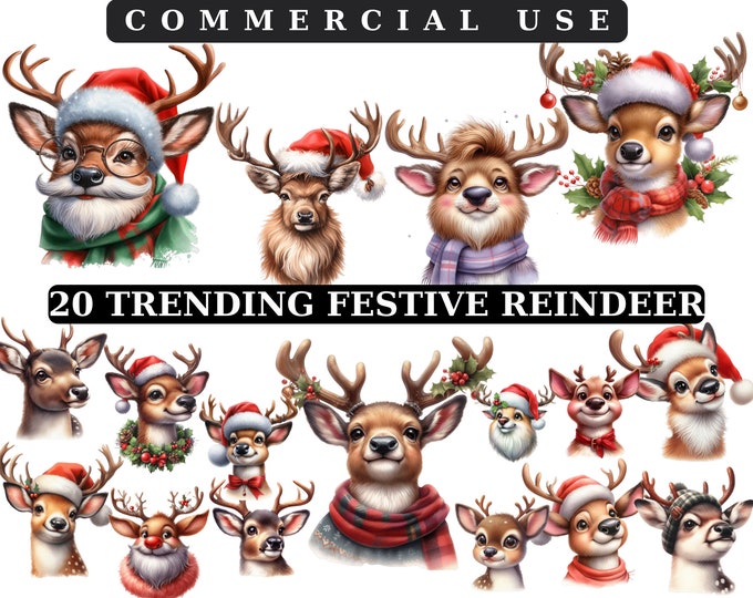 Reindeer Clipart Set Cute Reindeers Christmas Themed Illustrated ...