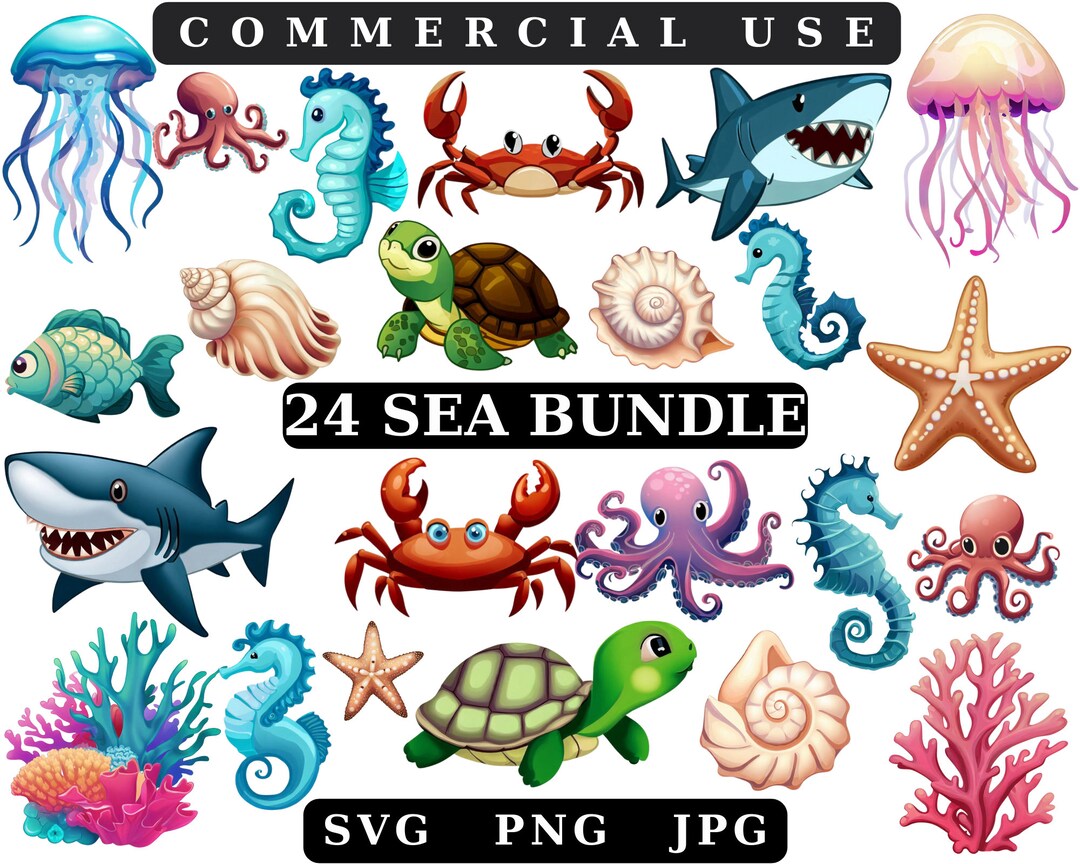 Sea Animals Clipart Set,shark,jelly Fish,crab,fish,octopus,turtle,coral ...