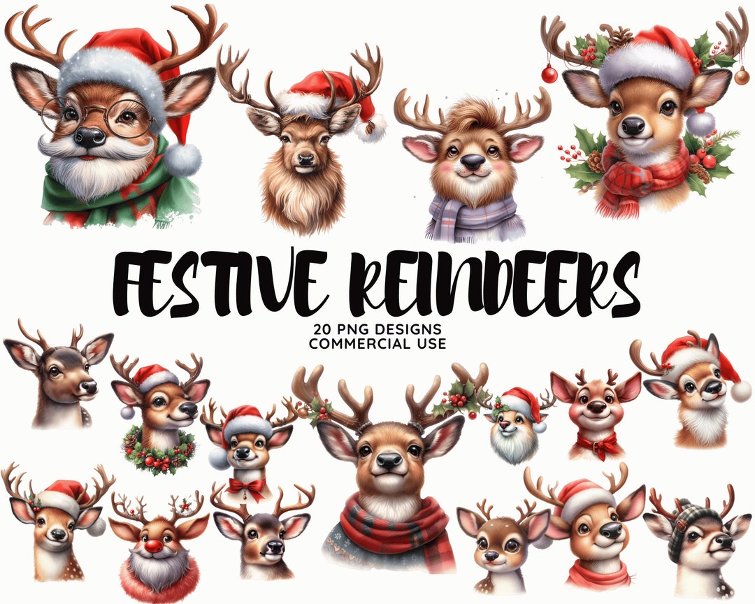Watercelor Festive Reindeer Clipart Set Cute Christmas Themed ...