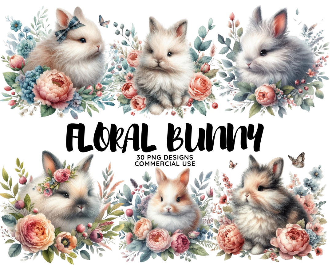 Floral Bunny Clipart, Easter Rabbit Clipart, Printable Watercolor, High ...