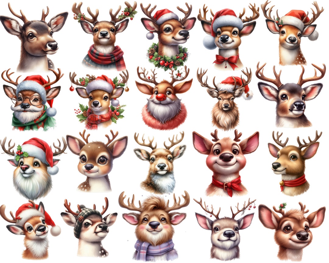 Reindeer Clipart Set Cute Reindeers Christmas Themed Illustrated ...