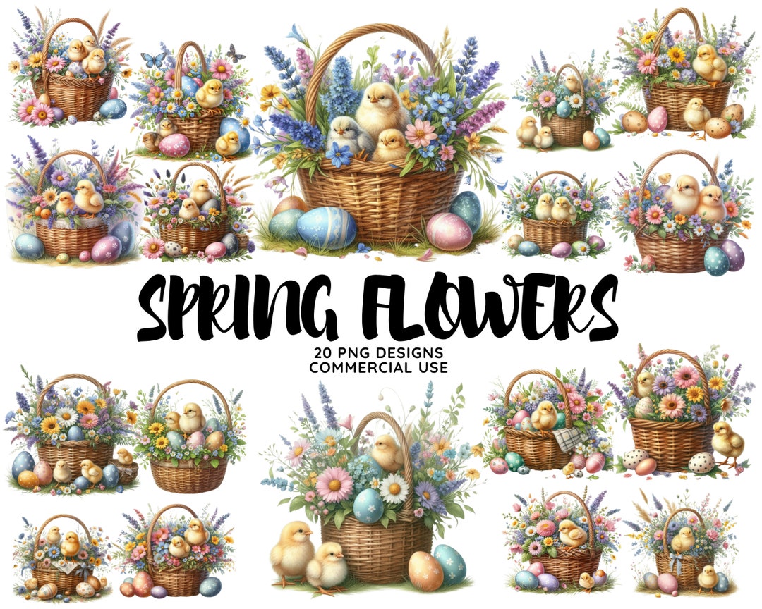Easter Floral Basket Clipart: Bunny, Chick, Gnome Graphics (digital ...