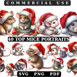 Christmas Mouse Clipart, Cute Mice in Santa Hat, Watercolor Christmas ...