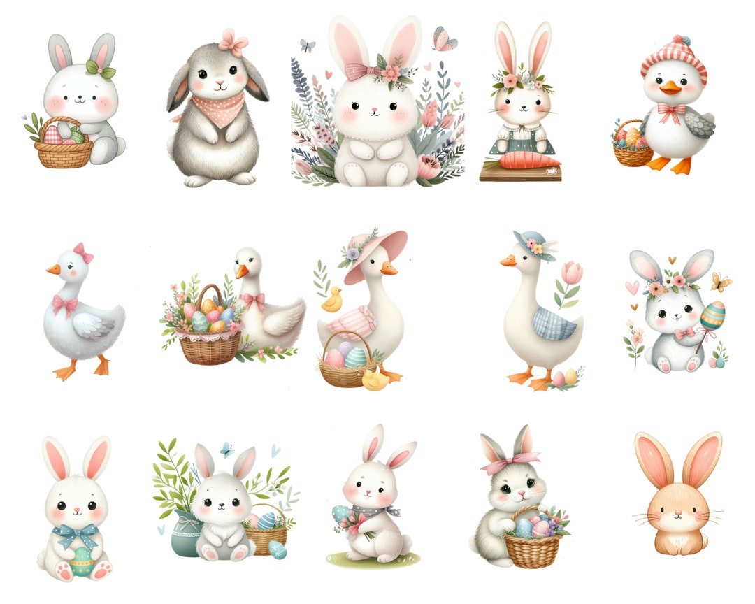 Watercolor Easter Clipart Set: Bunnies, Gnomes, Wildflowers (commercial ...