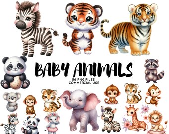 Watercolor Safari Animals PNG Bundle 35 Whimsical Baby Animal Clipart ...