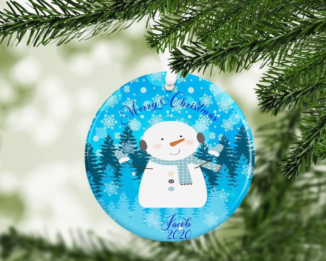 Personalized Snowman Ornament Christmas Tree Round Ceramic - Etsy