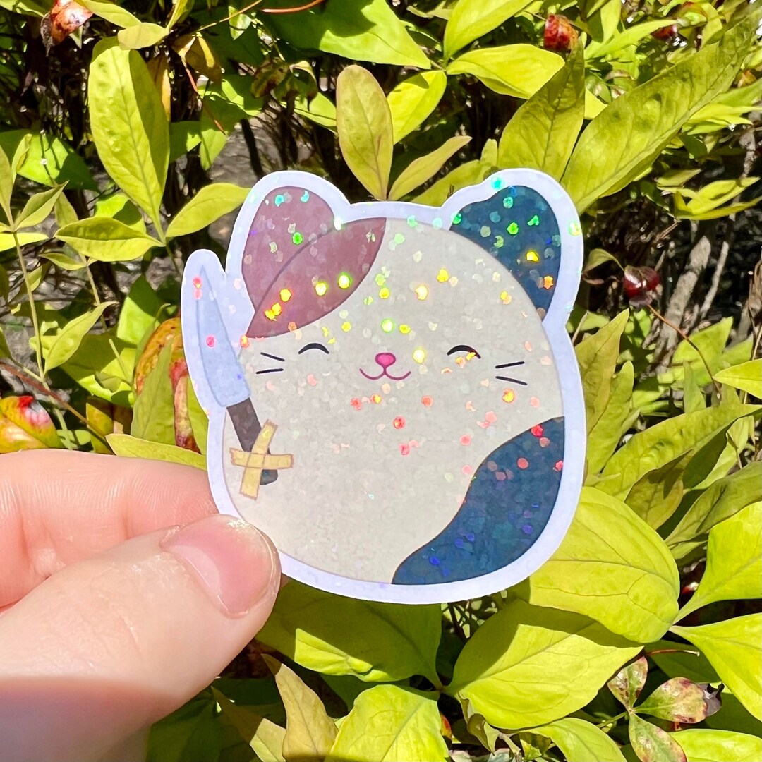 HOLOGRAPHIC Squishy Plush Inspired Calico Cat With Knife Sticker ...