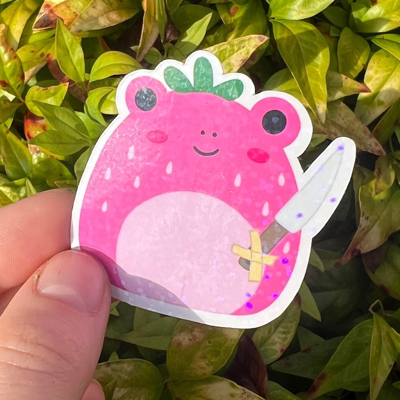 HOLOGRAPHIC Squishy Plush Inspired Pink Strawberry Frog With Knife ...