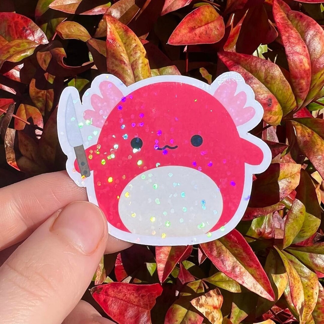 HOLOGRAPHIC Squishy Plush Inspired Pink Axolotl With Knife Sticker ...