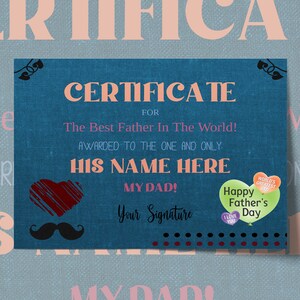 Father's Day EDITABLE Dad Day Love Certificate Template, Gift for Him ...