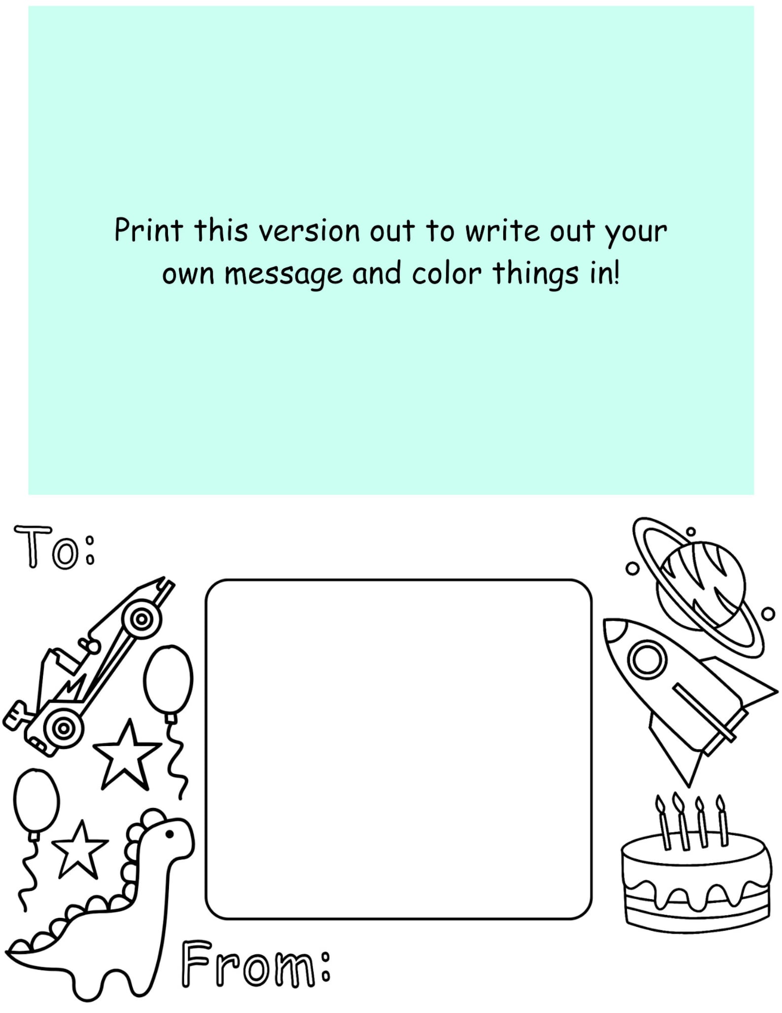 Printable Kids Birthday Card: DIY Coloring Card - Car, Rocket, Dinosaur ...