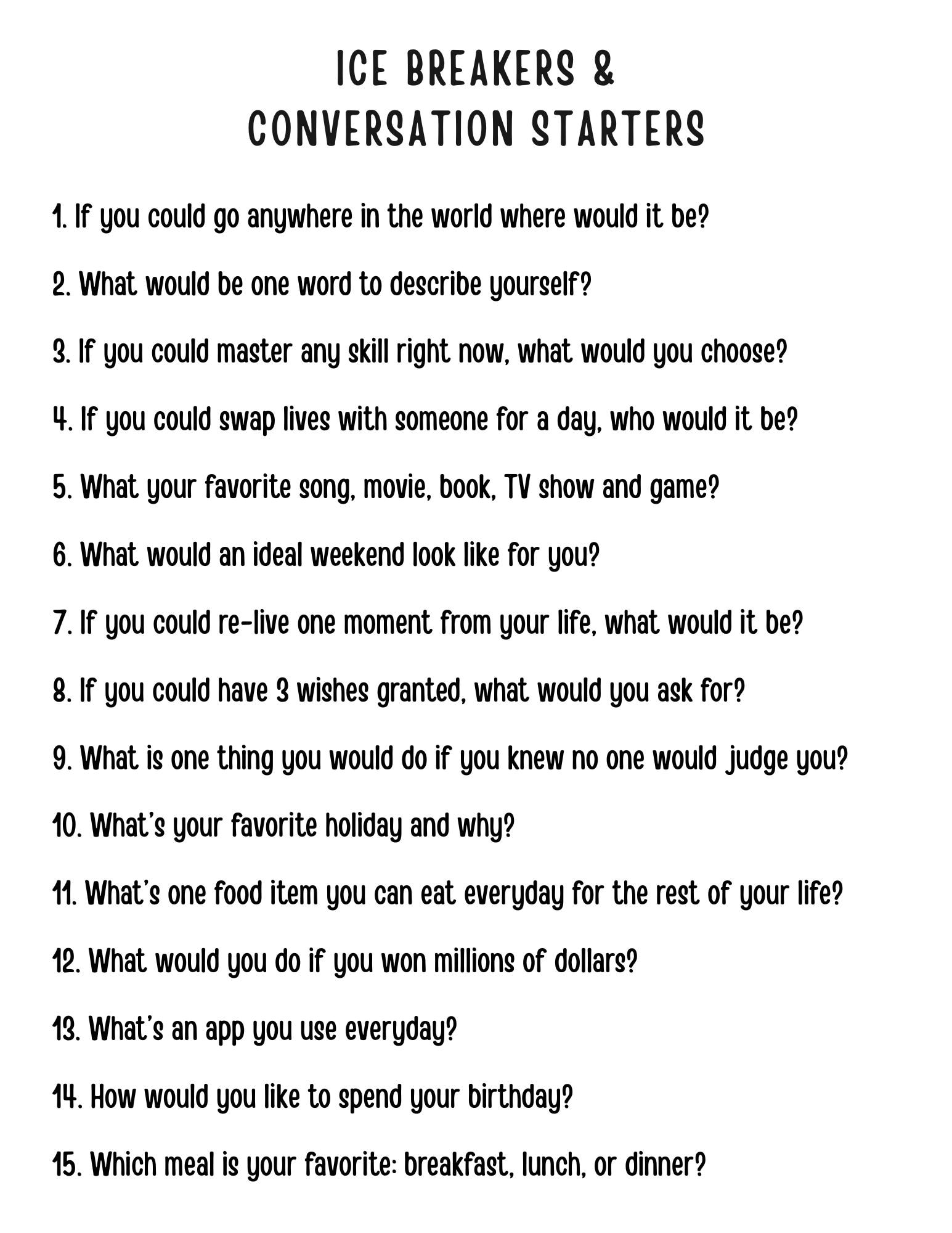 Fun Conversation Starters, Icebreakers, Ice Breakers for Party Starters ...