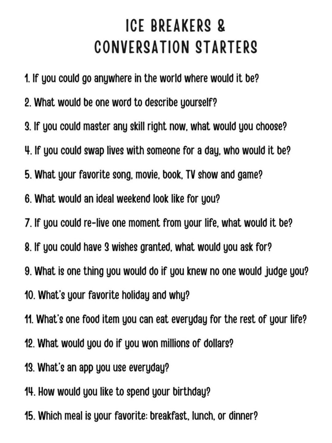 Fun Conversation Starters, Icebreakers, Ice Breakers for Party Starters ...