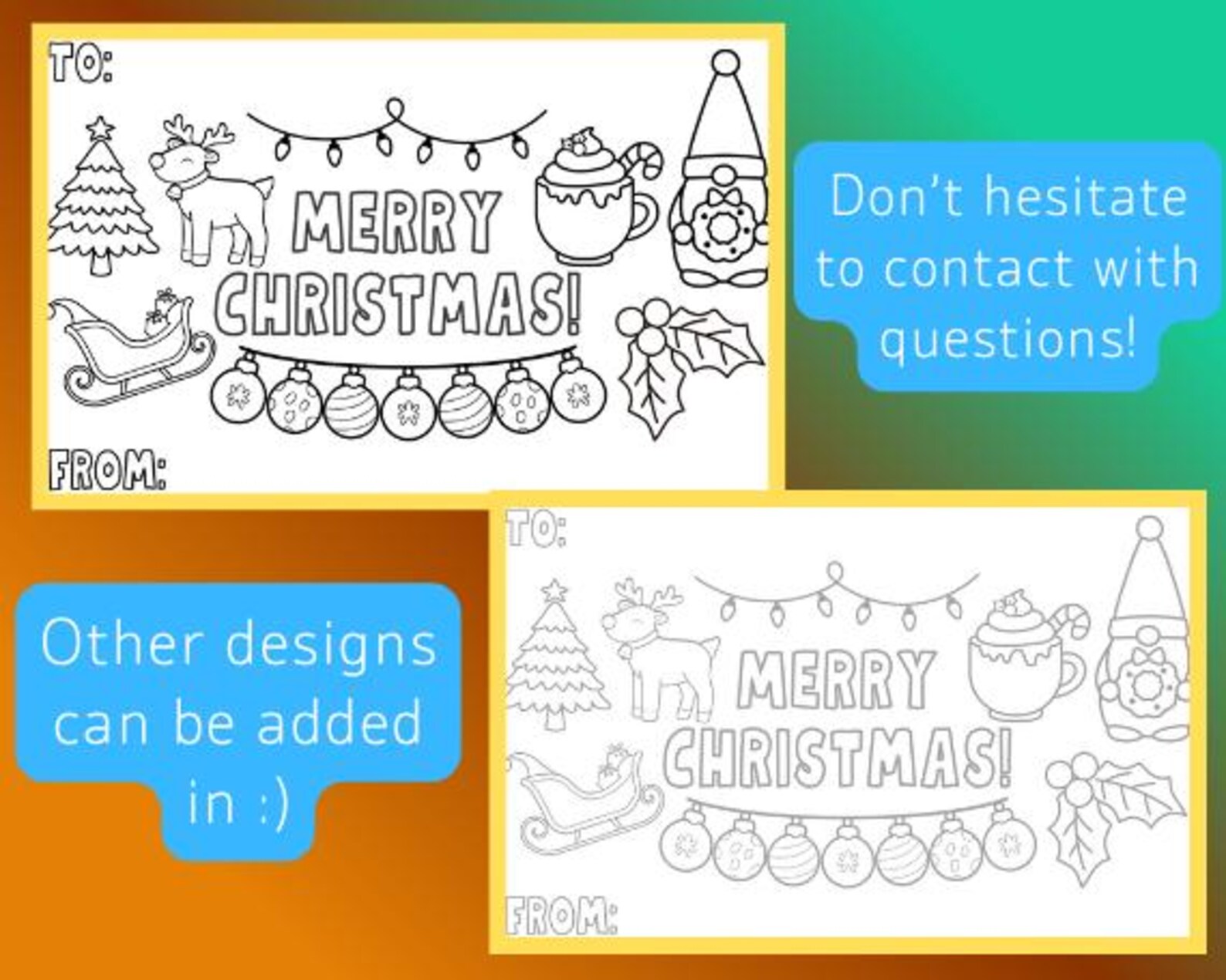 Cute Printable Coloring Christmas Card, DIY Christmas Card, Christmas ...