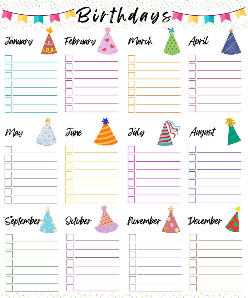 Birthday List PDF, Birthday Calendar Printable, Birthday Tracker ...