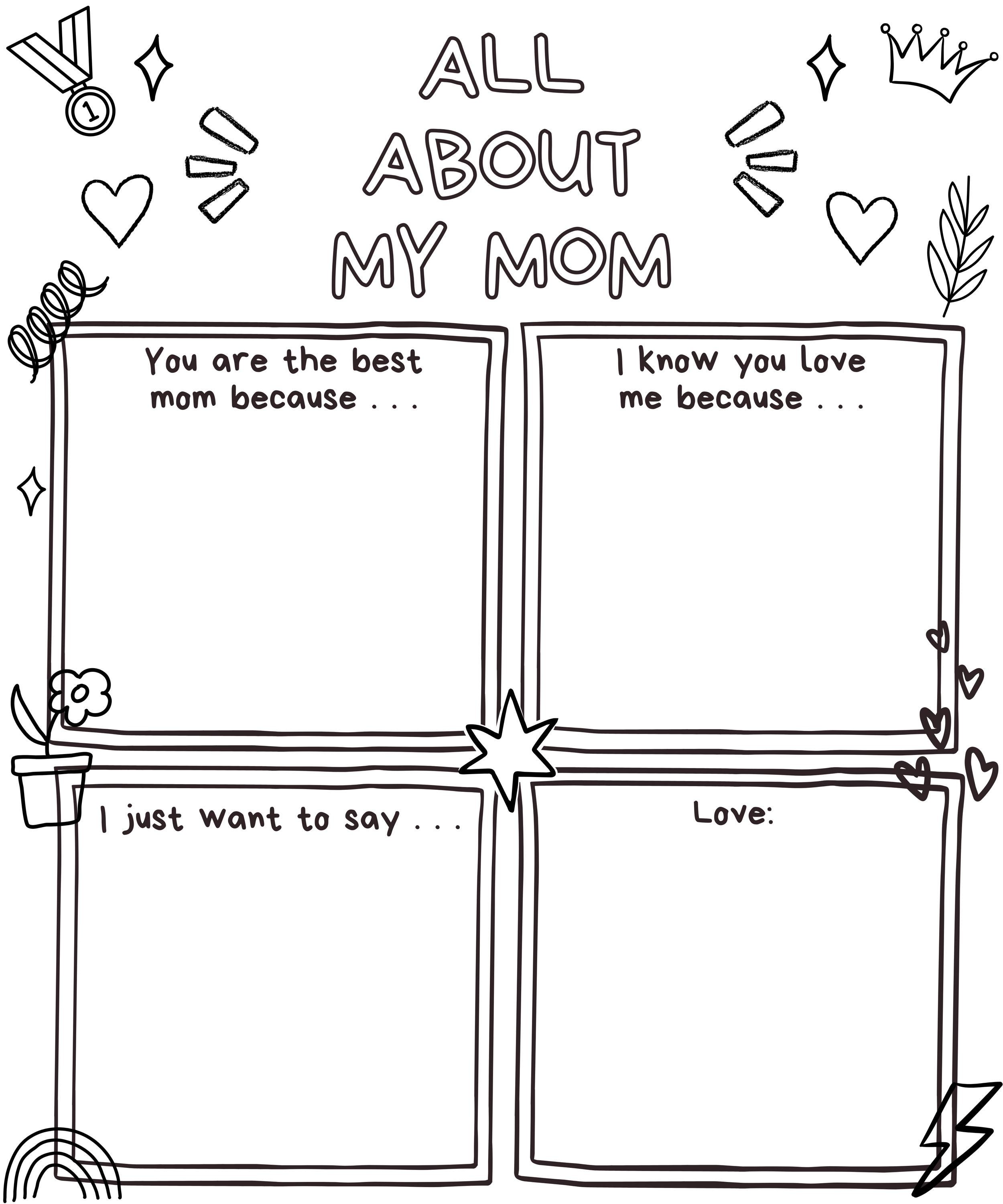 Mother's Day Coloring Card, All About My Mom Card, Birthday Card for ...