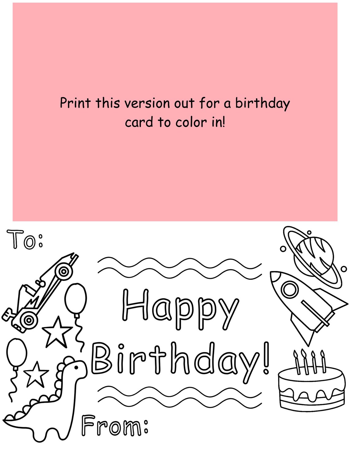 Printable Kids Birthday Card: DIY Coloring Card - Car, Rocket, Dinosaur ...