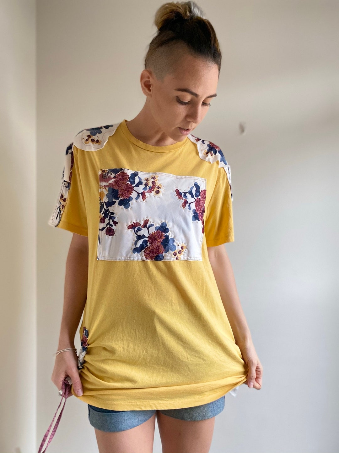 Floral Yellow T-shirt/ Woman's Shirt With Floral Pattern/ Yellow Top - Etsy