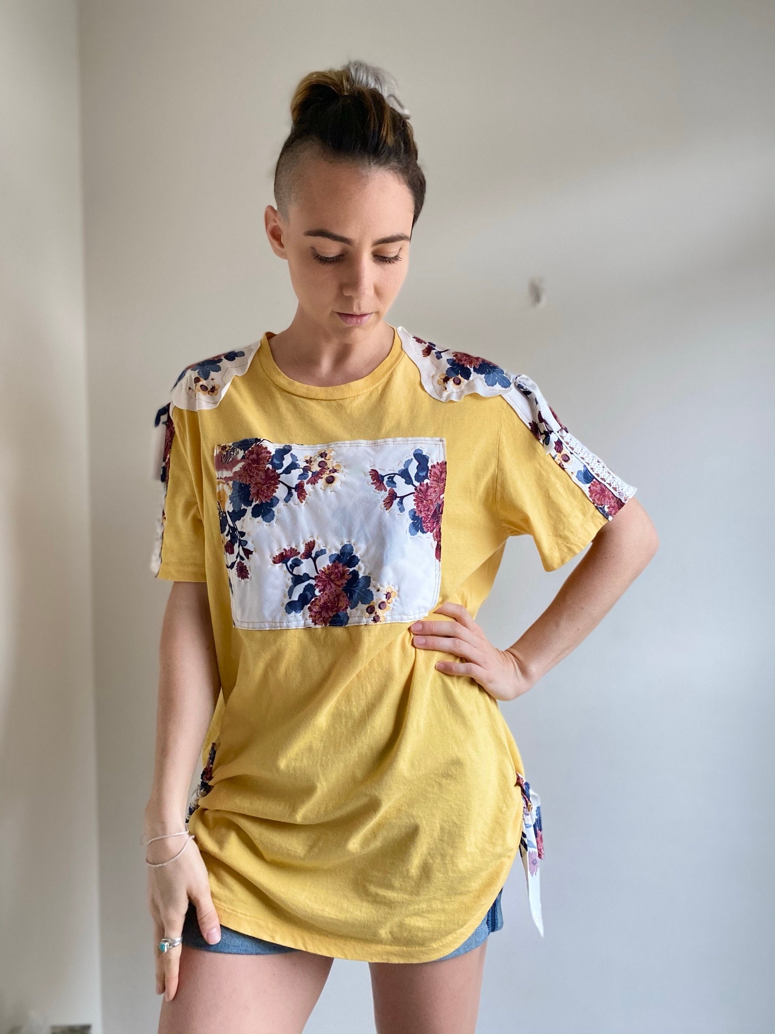 Floral Yellow T-shirt/ Woman's Shirt With Floral Pattern/ Yellow Top - Etsy
